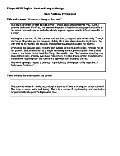 Eduqas GCSE English Literature Poetry Anthology - Revision sheet 'Cozy ...