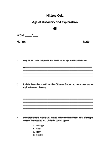 Age of discovery and exploration- test | Teaching Resources