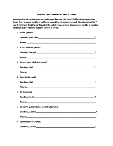 Original questions with various tenses | Teaching Resources