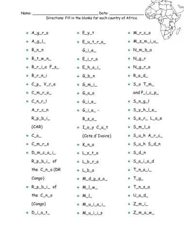 Countries of Africa Printable Activity Fill in the Blanks | Teaching ...