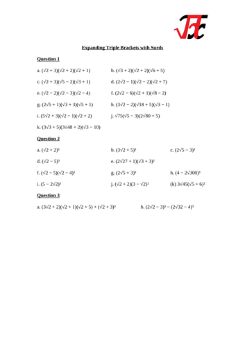 Expanding Triple Brackets with Surds | Teaching Resources