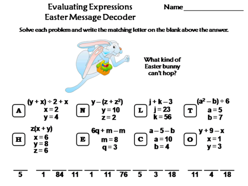 Evaluating Algebraic Expressions Easter Math Activity: Message Decoder ...