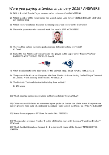 January 1st to February 1st 2019 UK and beyond Current Affairs Quiz ...