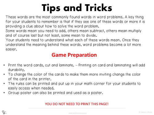 Word Problem Clue Math Game | Teaching Resources