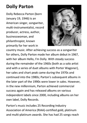 Dolly Parton Handout | Teaching Resources