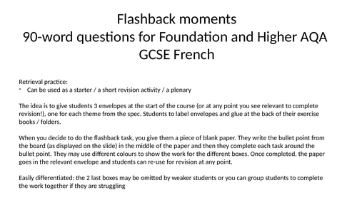 FlashBack Moments - AQA GCSE French 90-word prompts | Teaching Resources