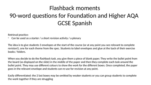 FlashBack Moments - AQA GCSE Spanish 90-word prompts | Teaching Resources