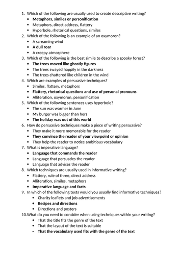 Language Techniques Quiz | Teaching Resources