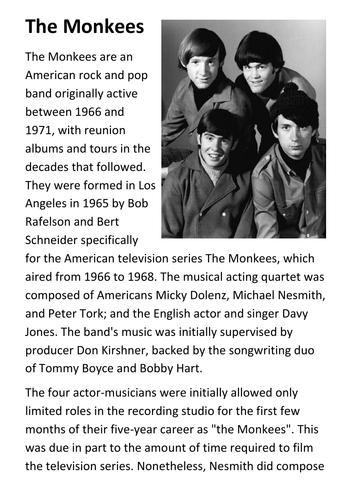 The Monkees Handout | Teaching Resources