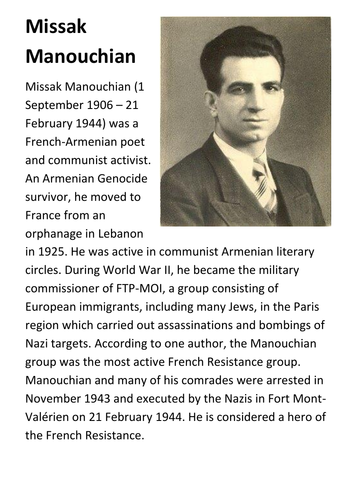 Missak Manouchian - The Army of Crime Handout | Teaching Resources