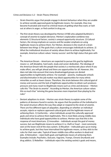 A Level Sociology (Crime and Deviance - Merton's Strain Theory) Notes ...