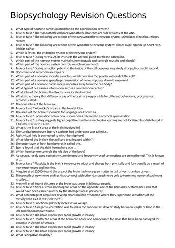 Biopsychology Revision Questions | Teaching Resources
