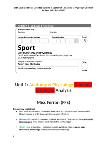 BTEC Level 3 Unit 1 Anatomy & Physiology Q & A analysis | Teaching Resources