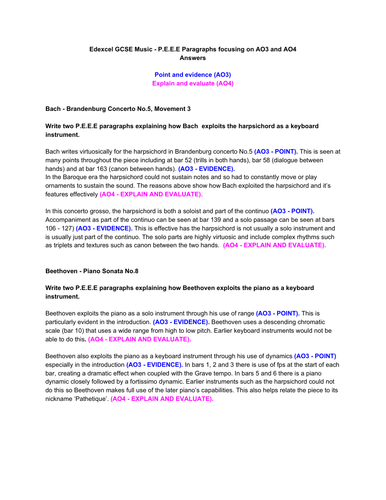 Edexcel GCSE Music - 12 mark essay - P.E.E.E paragraphs | Teaching ...