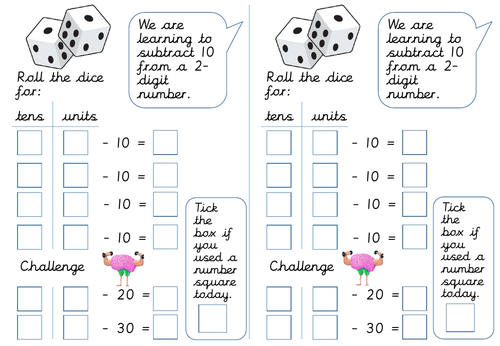 Roll-the-dice subtracting multiples of 10 from a two-digit number ...