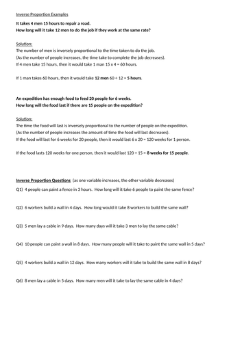 Inverse Proportion Examples and Questions | Teaching Resources