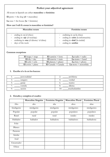 GCSE mastering Spanish adjectival agreement: revision of grammar rules ...