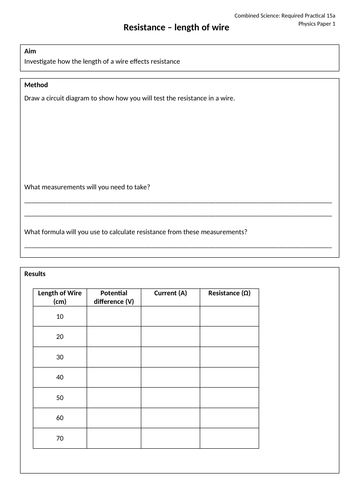Resistance Required Practical Aqa Gcse Science Teaching Resources