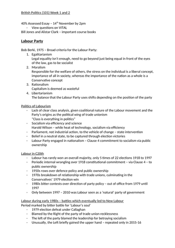 Labour Party Notes | Teaching Resources