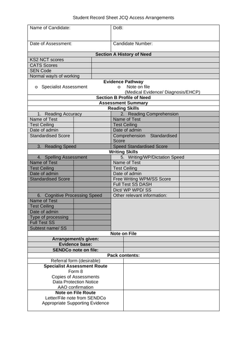 JCQ Exams Access Arrangements/ Reasonable Adjustments Student Record ...