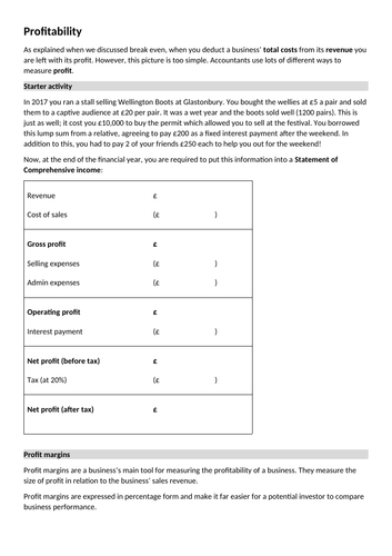 Profitability worksheet for A-Level Business | Teaching Resources