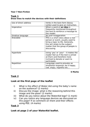 Low Ability Year 7 Non-Fiction WaterAid Leaflet Analysis | Teaching ...