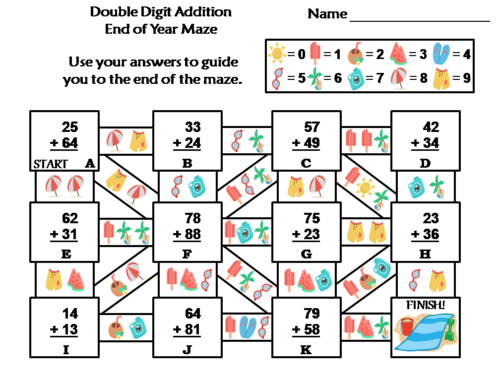 Double Digit Addition With and Without Regrouping End of Year Math Maze ...