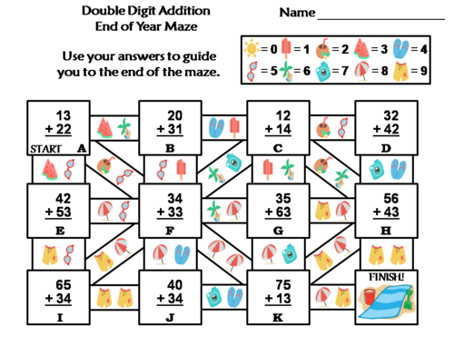 Double Digit Addition Without Regrouping Summer/ End of Year Math Maze ...