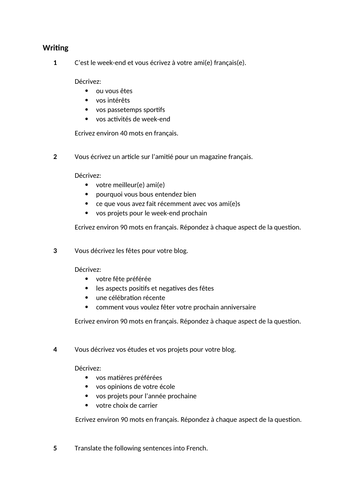 French GCSE exam-style writing | Teaching Resources