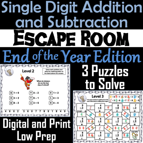 Single Digit Addition and Subtraction Game: End of Year Escape Room ...
