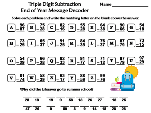 Double Digit Subtraction End of Year Math Activity: Message Decoder ...