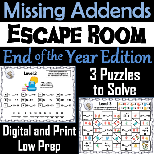 Missing Addends Addition and Subtraction Activity: End of Year Escape ...