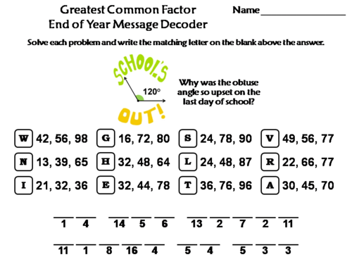 Greatest Common Factor End of Year Math Activity: Message Decoder ...