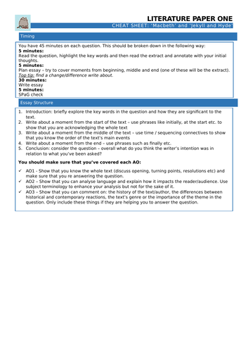 Literature Paper 1 & 2 Cheat Sheets | Teaching Resources