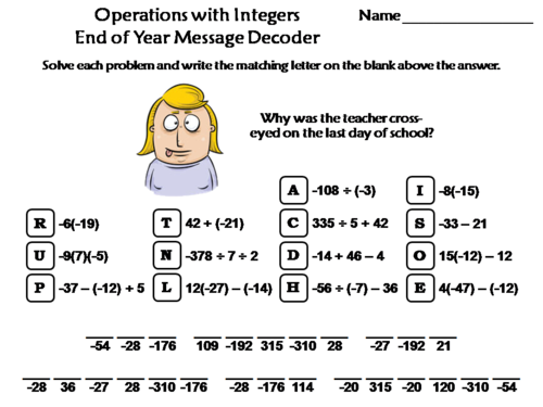 Operations with Integers End of Year Math Activity: Message Decoder ...