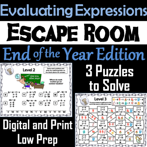 Evaluating Algebraic Expressions Game: Escape Room End of Year Math ...
