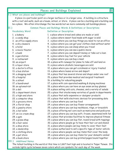 Places and Buildings Explanation-Definitions | Teaching Resources