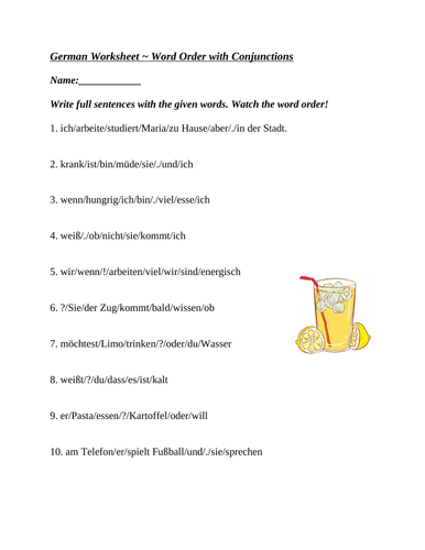 German Word Order with Conjunctions and Modals (2 Worksheets ...
