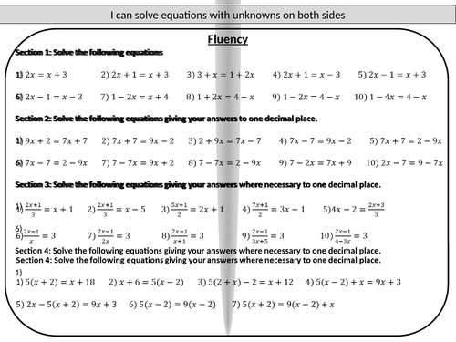 Solving equations with unknowns on both sides - mastery worksheet by joybooth | Teaching Resources