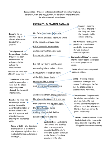'Kamikaze' by Beatrice Garland - Annotations | Teaching Resources