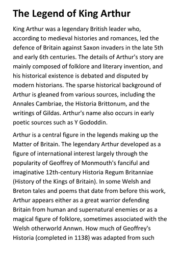 The Legend of King Arthur Handout | Teaching Resources