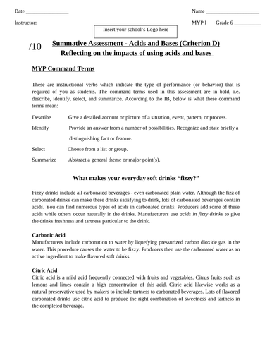 IB MYP Science Summative Assessment - Acids and Bases | Teaching Resources
