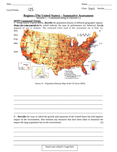 IB MYP Geography Summative Assessment - Regions (The United States ...
