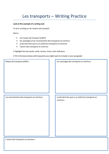 GCSE Writing Practice: Les Transports | Teaching Resources
