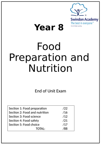 Yr8 Cooking Exam Test Food Catering with Answers | Teaching Resources