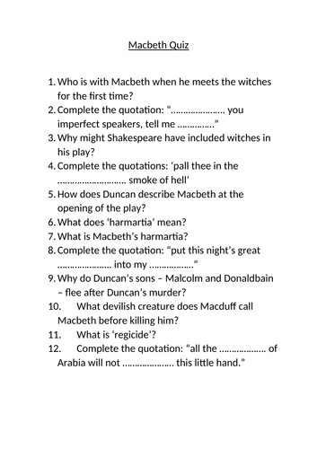 GCSE Macbeth Revision Quiz with Answers | Teaching Resources