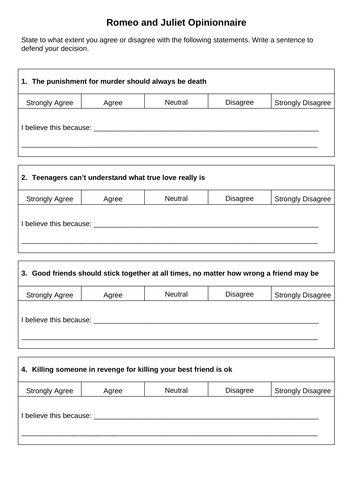 Romeo and Juliet Opinionnaire | Teaching Resources