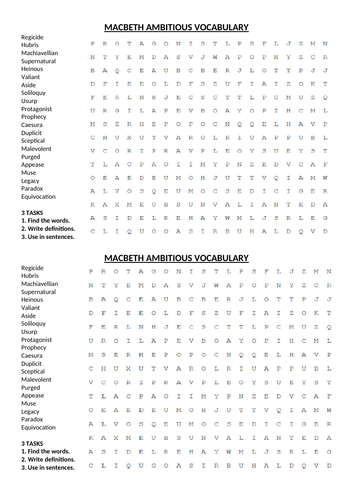 Macbeth ambitious vocabulary wordsearch with answer sheet | Teaching ...