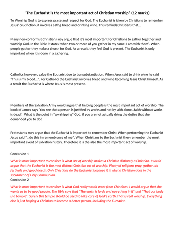 Model Answer:The Eucharist is the most important act of Christian ...