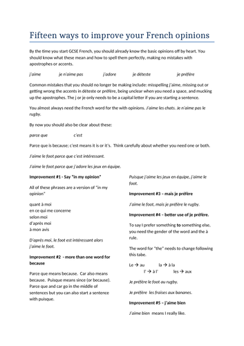 GCSE French - improving opinions | Teaching Resources